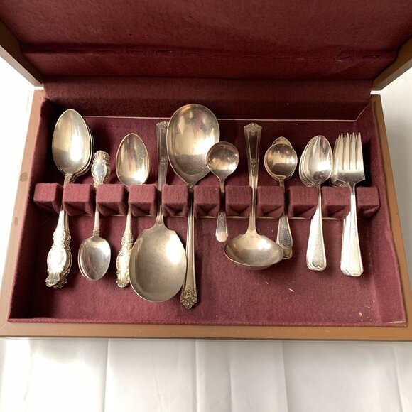 Dining | Vintage Mixed Silverware Flatware Set In Wooden Box | Poshmark